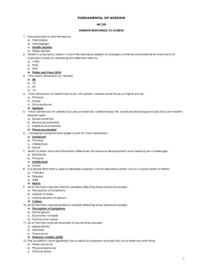 Human Responses To Illness Fon Mcqs | PDF | Preventive Healthcare | Chronic Condition
