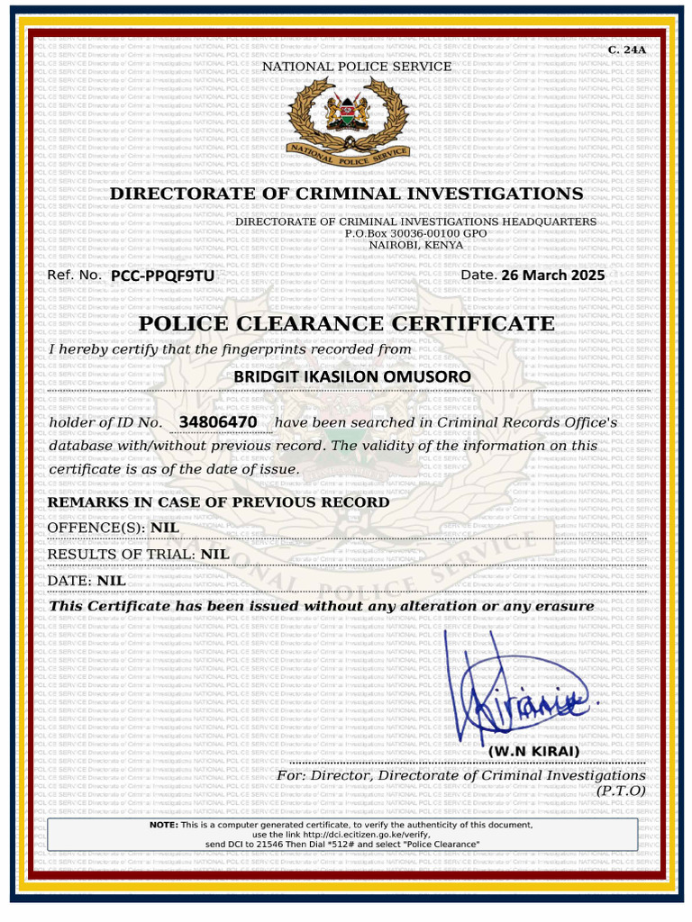 Pcc-ppqf9tu-Police Clearance Certificate WK | PDF