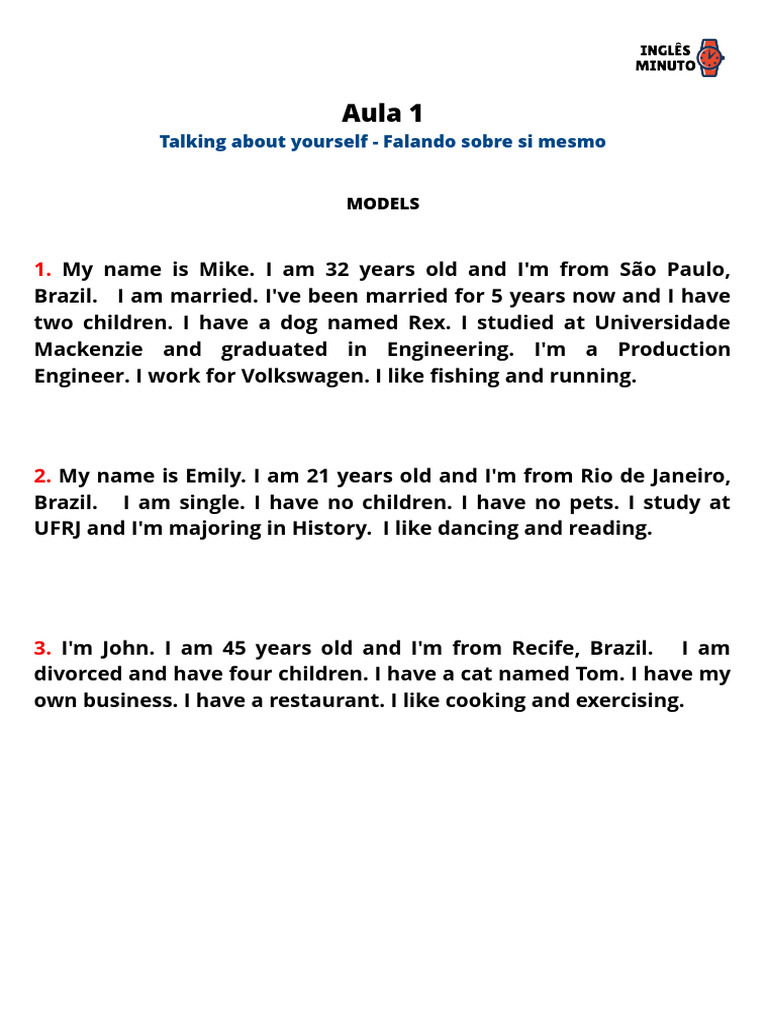 Aula 1: Talking About Yourself - Falando Sobre Si Mesmo | PDF