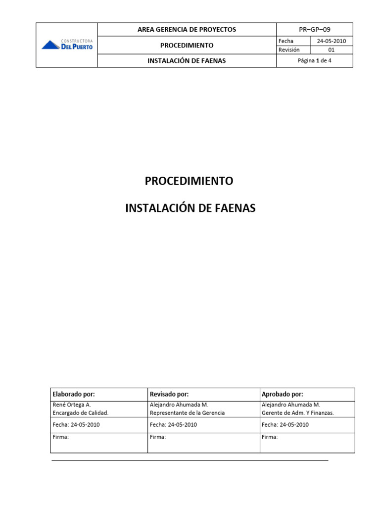 PR-GP-09 Procedimiento Instalación de Faenas - Rev01 | PDF | Sistema de ...