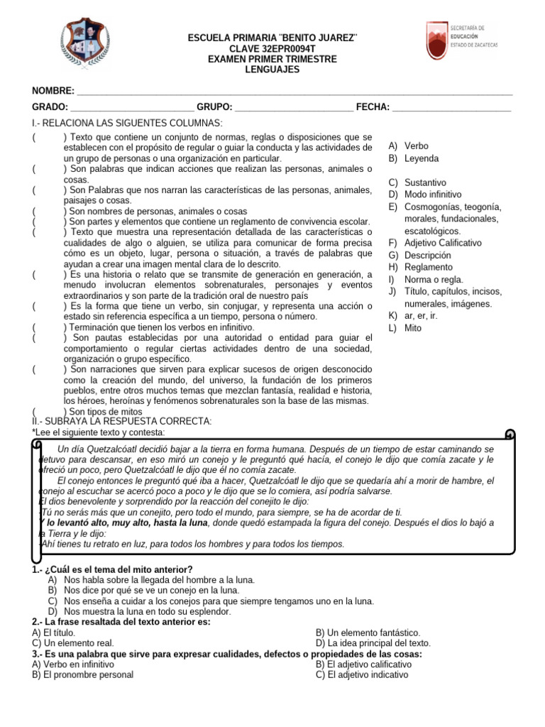 Examen Primer Trimestre (Lenguajes) - Quinto Grado (2024-2025) | PDF | Adjetivo | Verbo