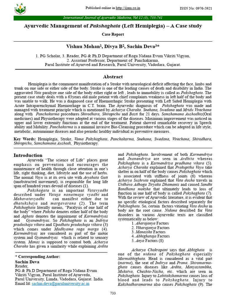 Ayurvedic Management of Pakshaghata Left Hemiplegi | PDF | Ayurveda ...