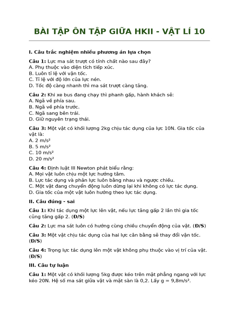 BÀI TẬP ÔN TẬP GIỮA HKII | PDF