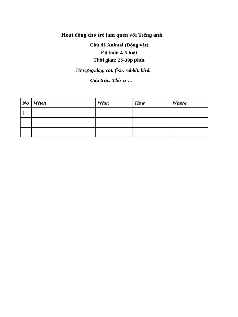 Activity Plan For Children To Get Acquainted With English On The Topic of Animal | PDF