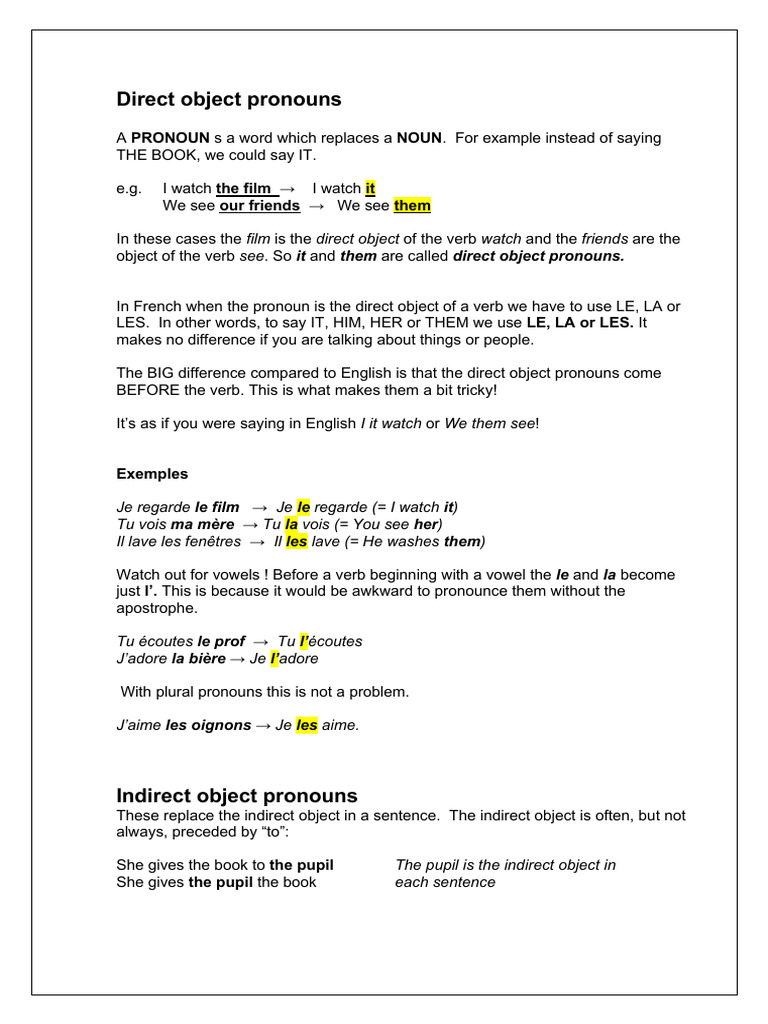 Direct Object Pronoun Notes | PDF