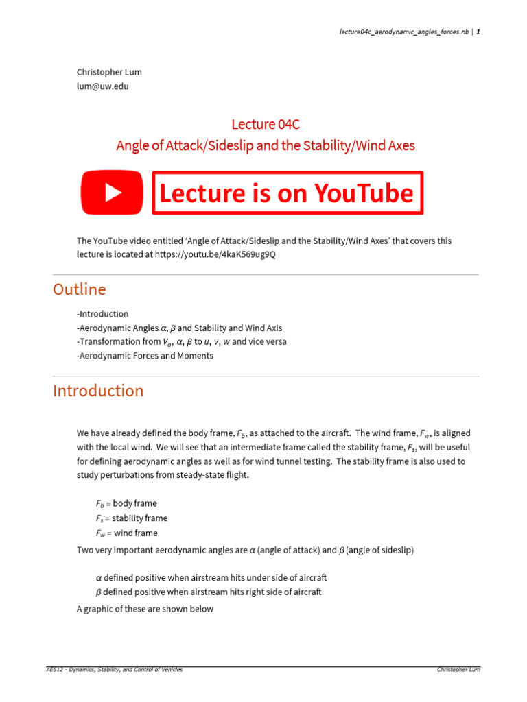 Lecture04c Aerodynamic Angles Forces | PDF | Lift (Force) | Force