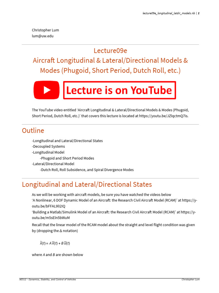 Aircraft Dynamics: Longitudinal & Lateral Models | PDF