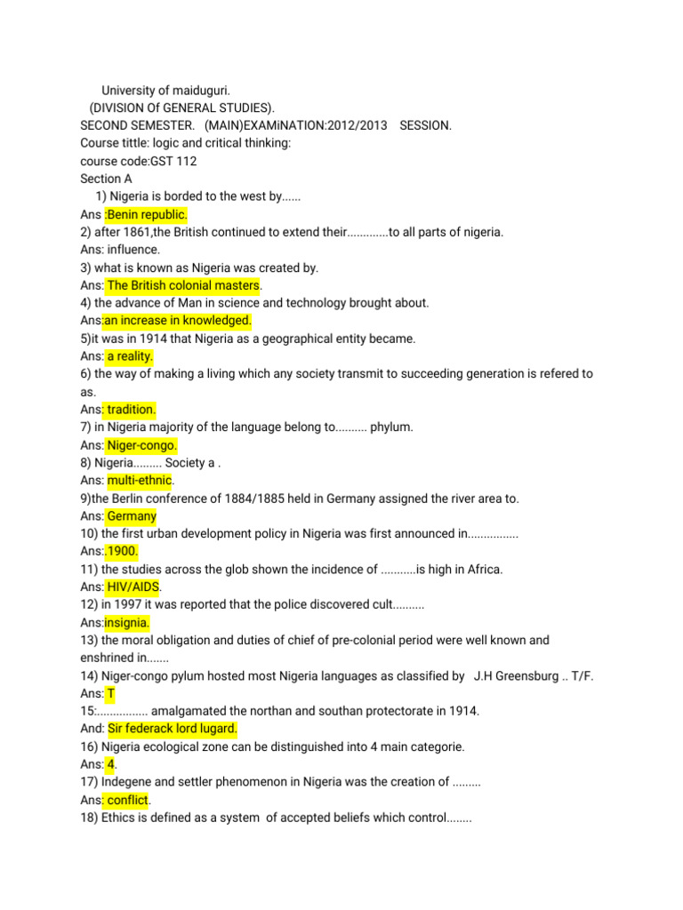 GST 113 Nigeria People and Cultura MCQ | PDF