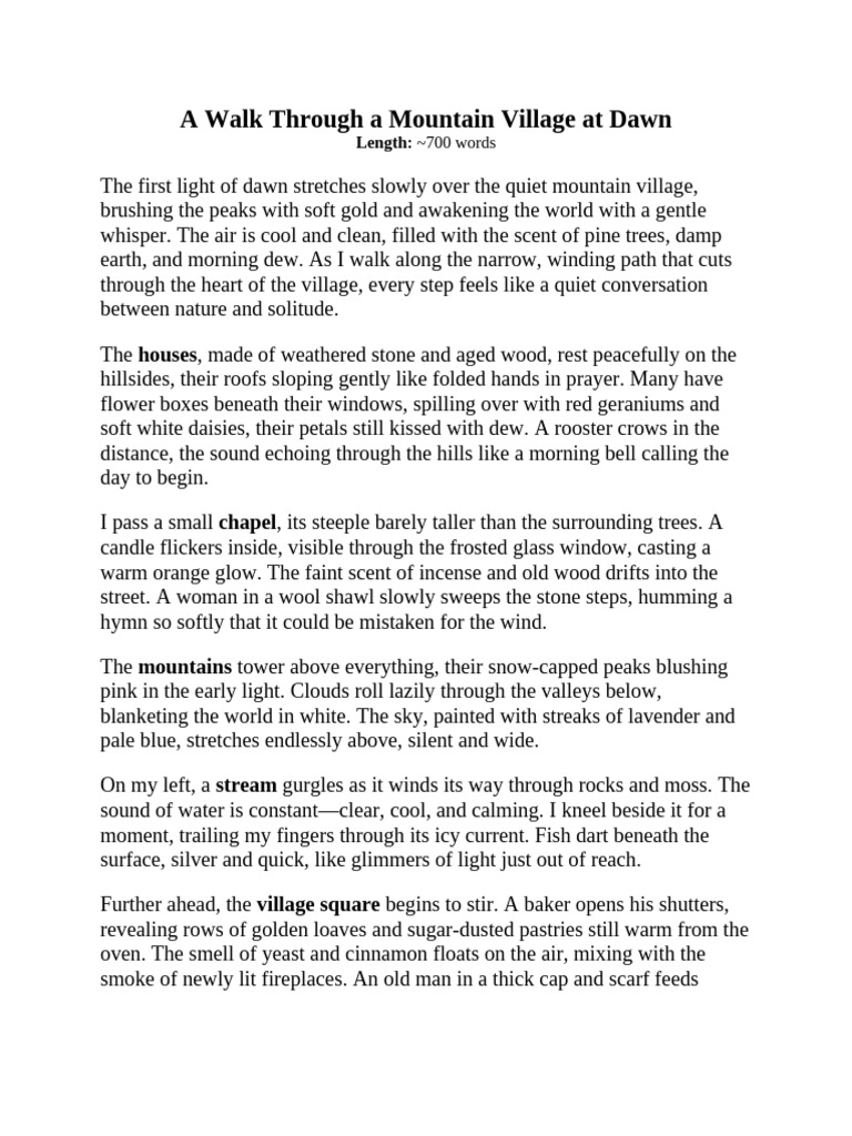 A Walk Through A Mountain Village at Dawn - Descriptive Essay | PDF