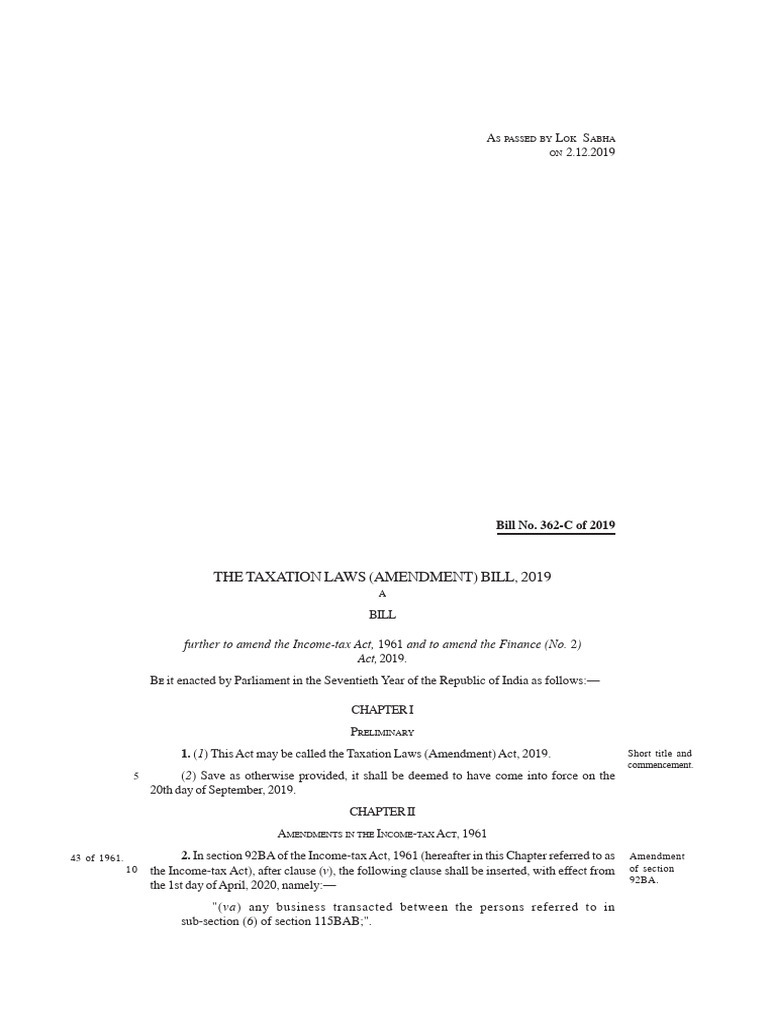 Section 115BA - Bill As Passed by Lok Sabha | PDF | Income Tax ...