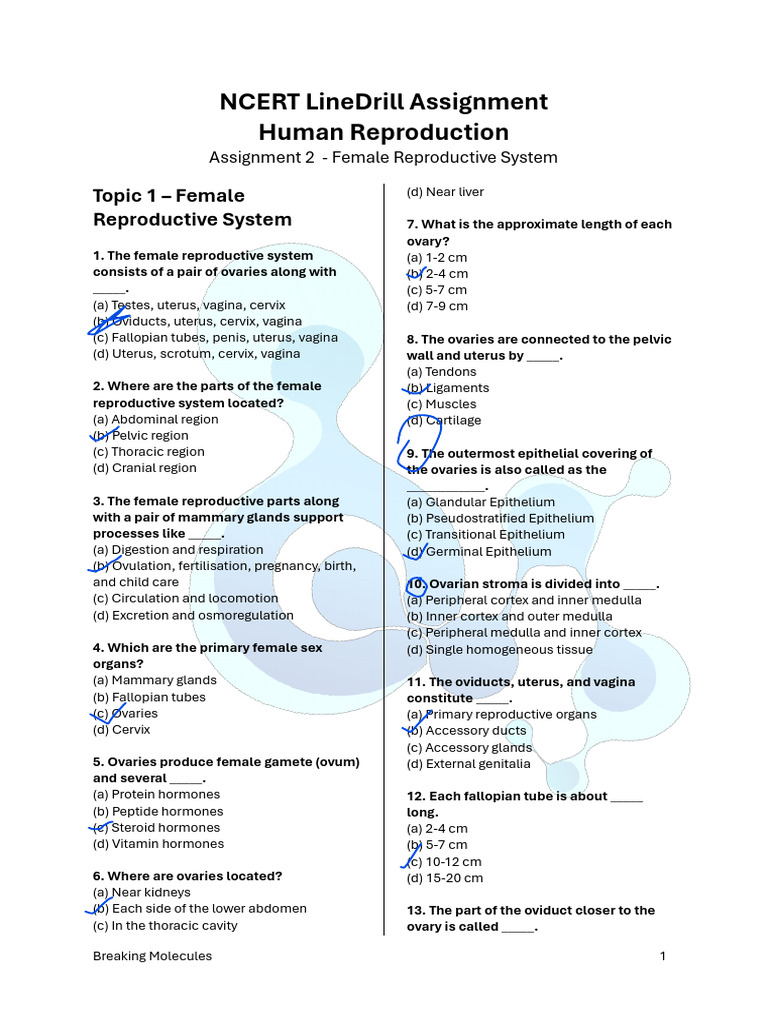 NCERT LineDrill Assignment 2 - Human Reproduction | PDF | Uterus | Ovary