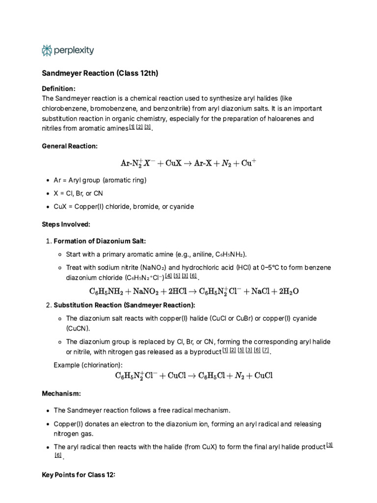 Sandmeyer Reaction Overview for Class 12 | PDF | Molecules | Organic ...