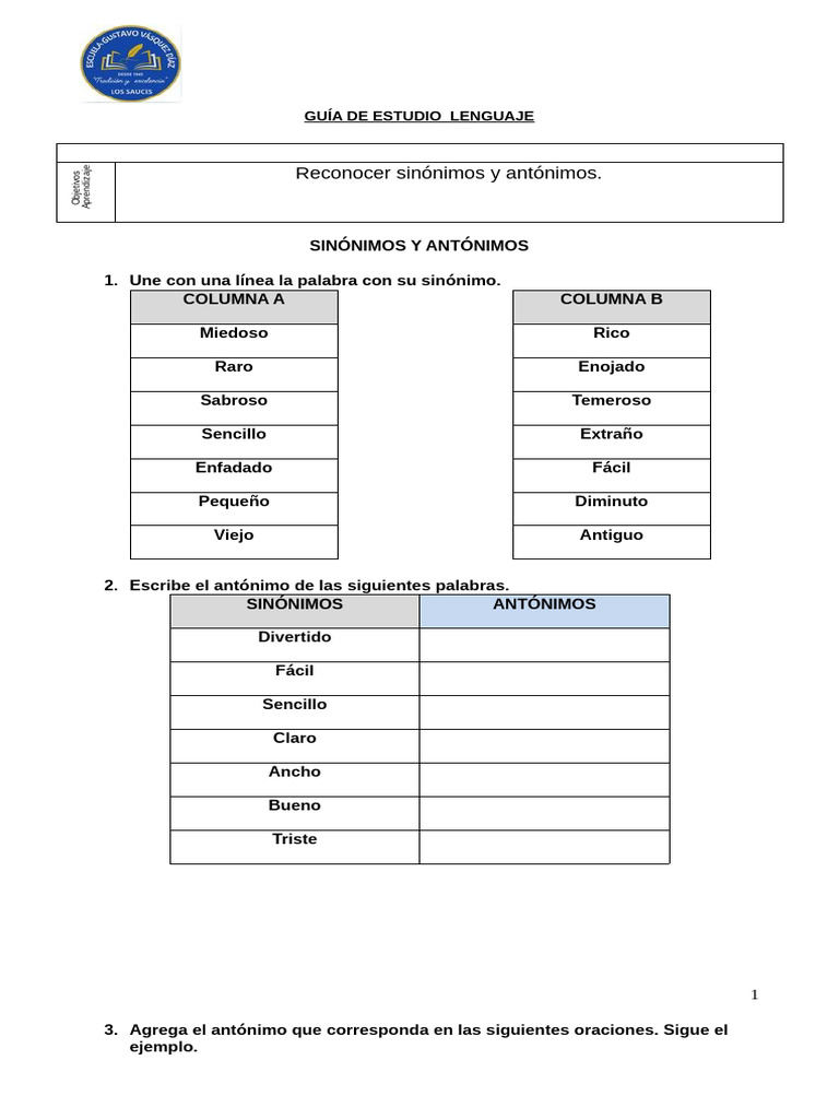 Guía de Estudio N°2 Lenguaje Cuartos Básicos | PDF