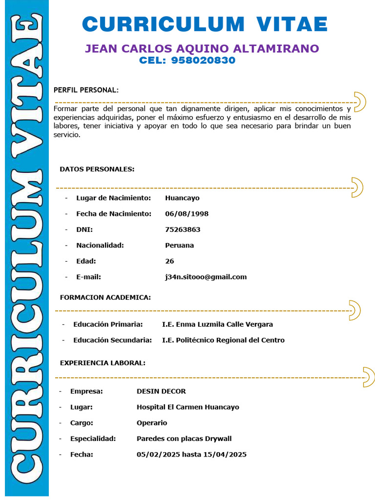 Curriculum Vitae Renovado Jean Carlos Aquino Altamirano | PDF