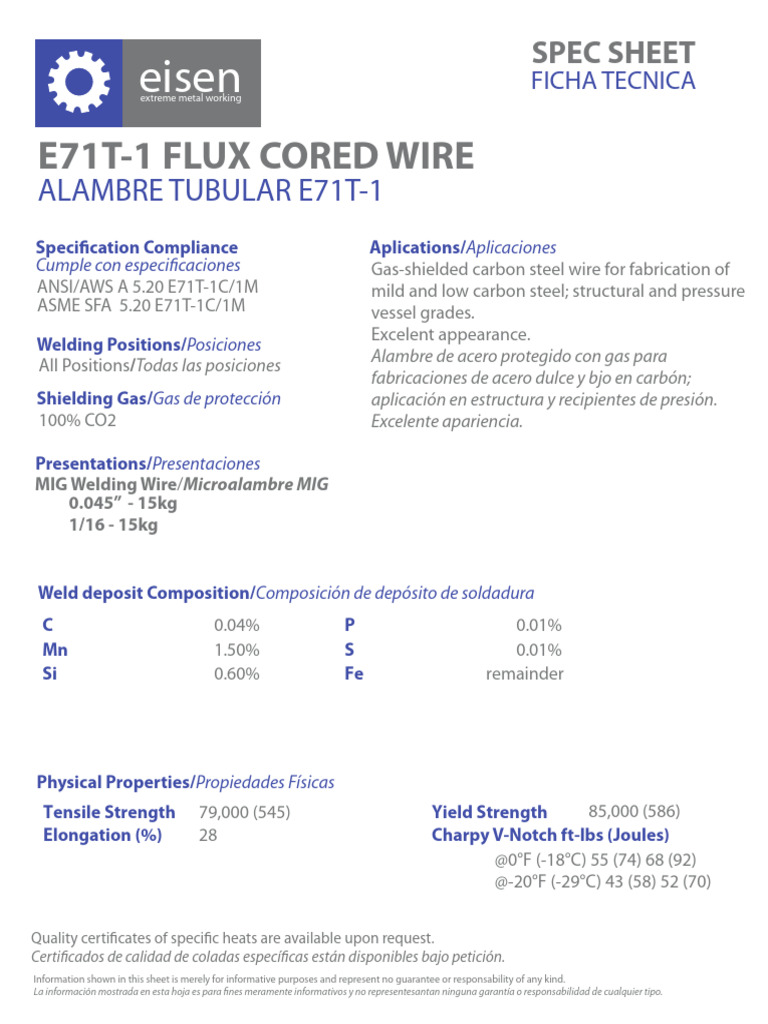Ficha Tecnica Soldadura EISEN E71T1-1C&1M (AWS & ASME) | PDF | Calefacción eléctrica | Sector ...