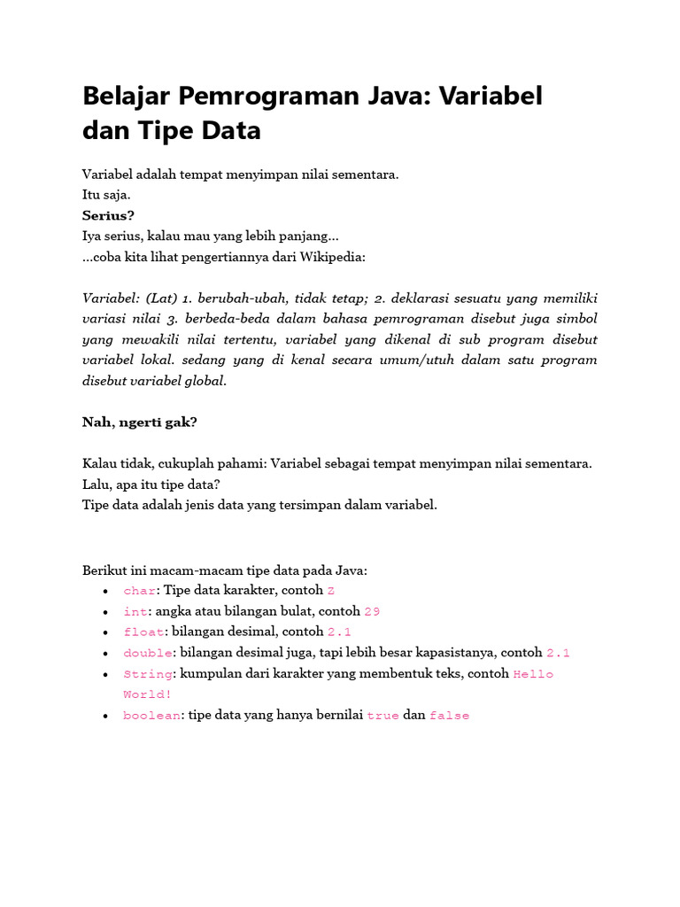 4-Belajar Java. Variabel Dan Tipe Data | PDF