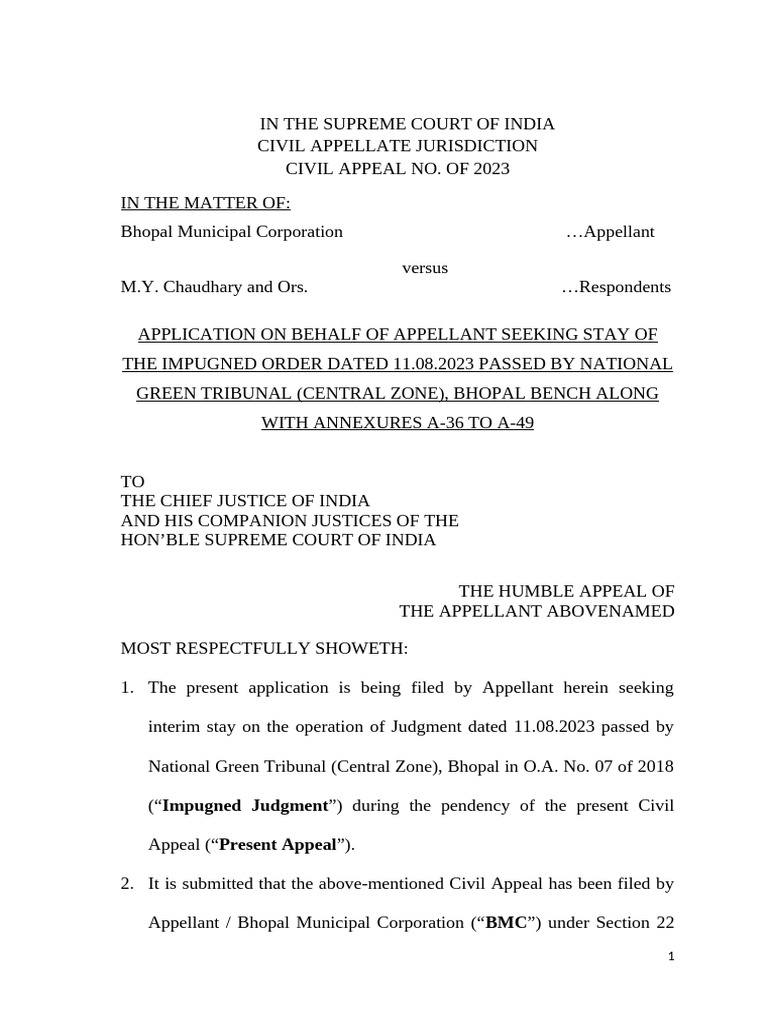 Application for Stay - BMC v. M.Y. Chaudhary[1085] | PDF | Appeal | Judgment (Law)