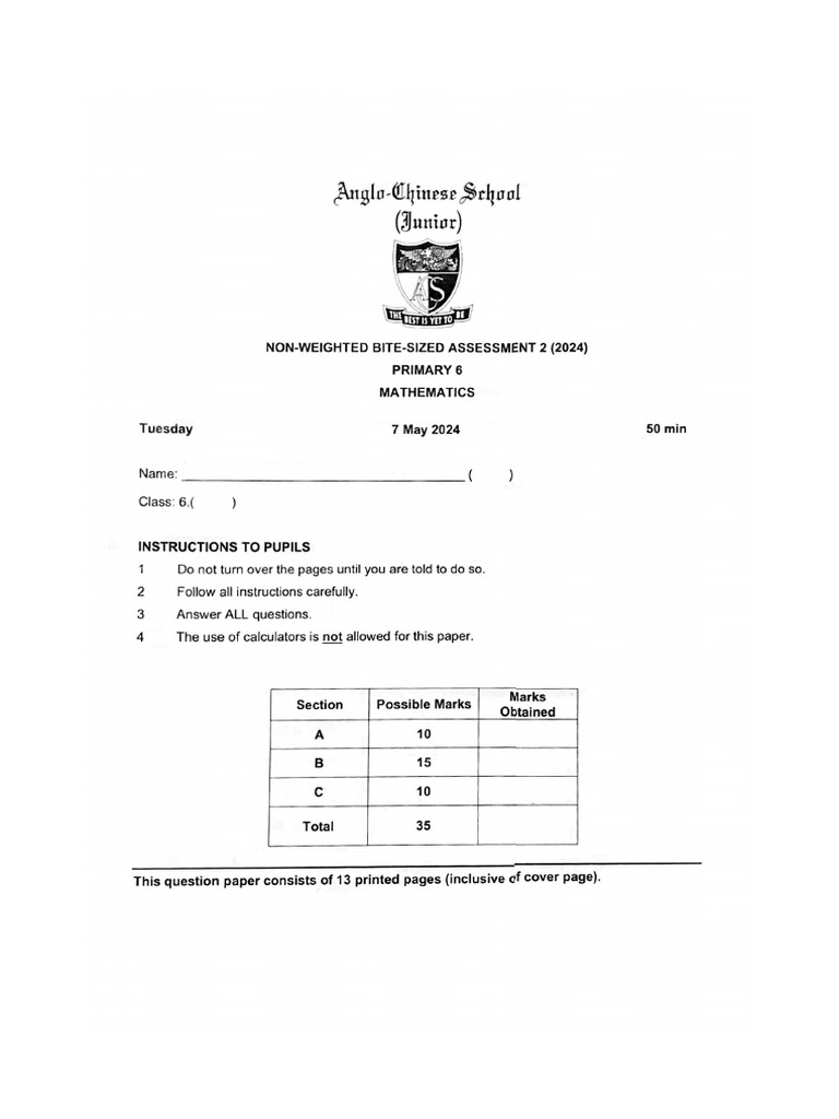 2024 P6 Maths Bite Sized Assessment 2 ACS Junior | PDF