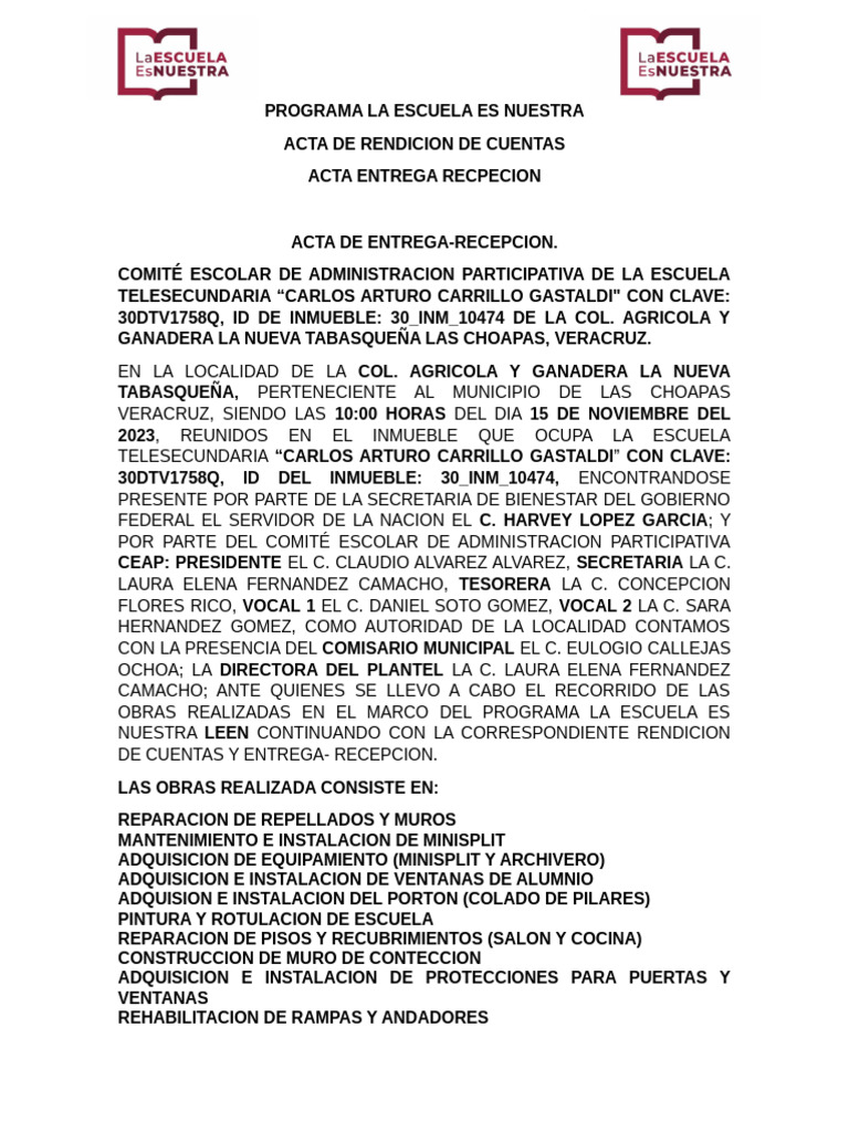 Acta de Rendicion de Cuentas Ejercicio 1 | PDF