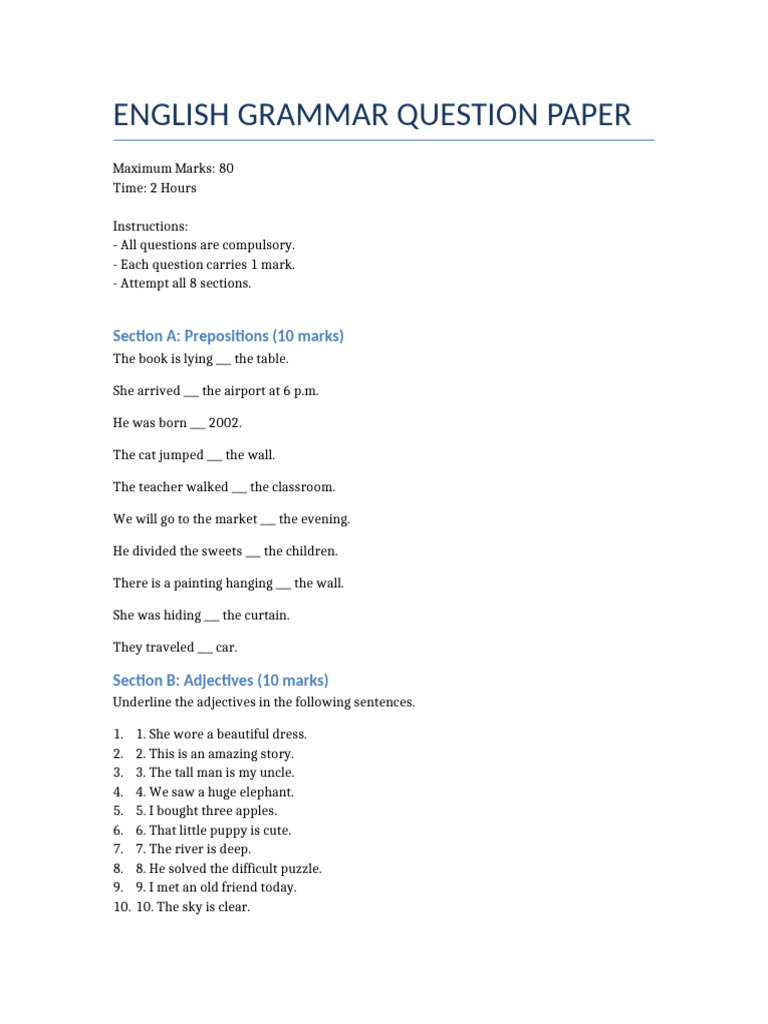 English Grammar Question Paper | PDF | Linguistics | Grammar