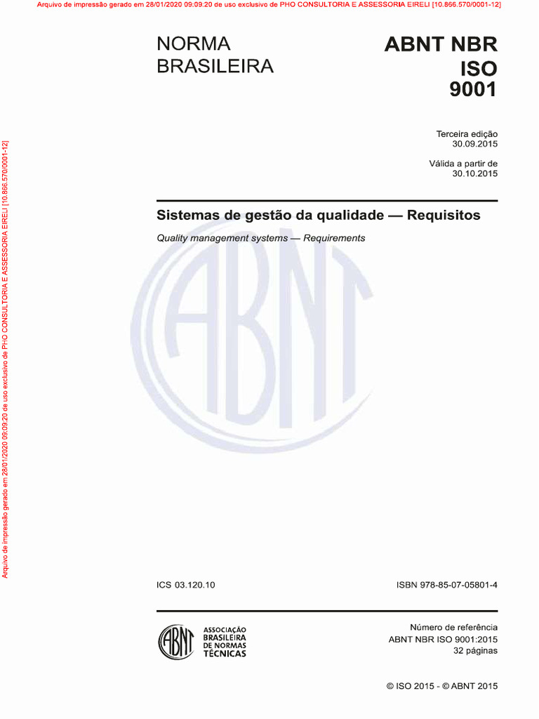 Abnt NBR Iso 9001 2015 - Sistema de Gestão Da Qualidade | PDF
