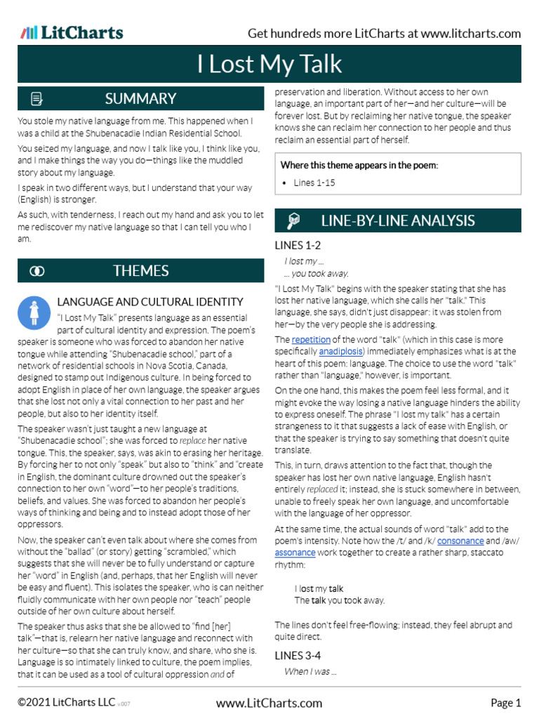 LitCharts I Lost My Talk | PDF | Metre (Poetry) | Poetry