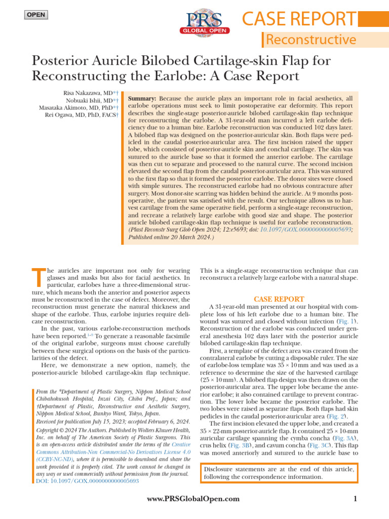 Posterior Auricle Bilobed Cartilage-Skin Flap For | PDF | Ear | Plastic ...