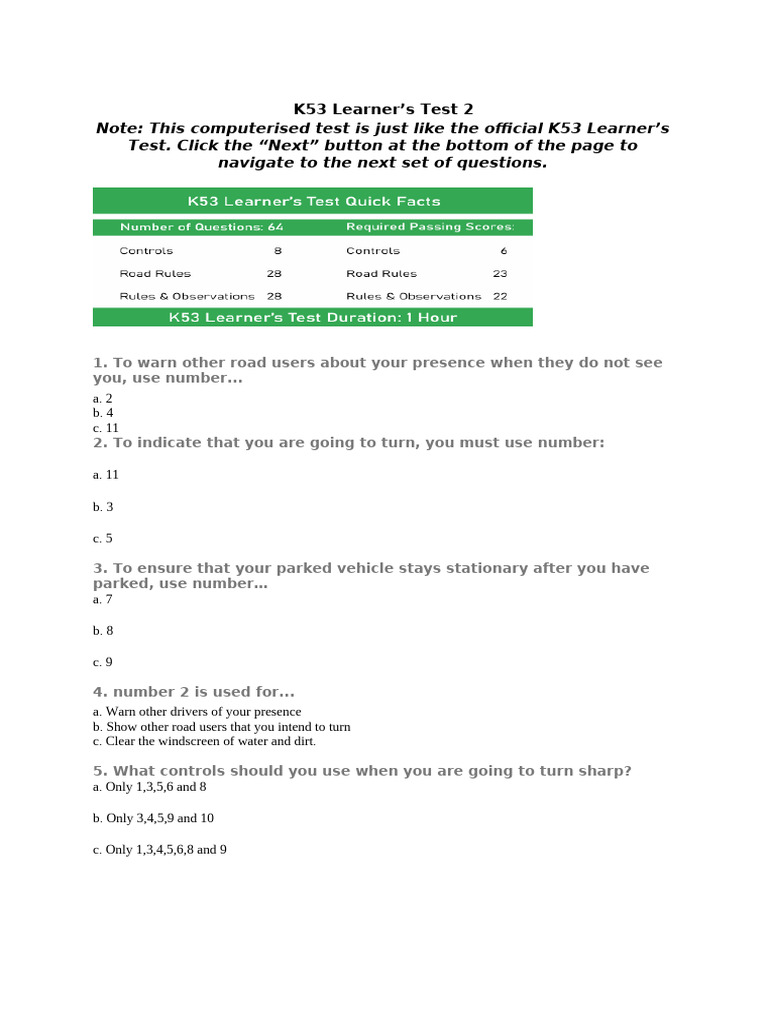 K53 Learner's Test Practice Questions | PDF | Traffic | Intersection (Road)