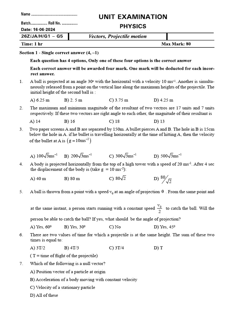 JEE Adv. (Vector & Projectile Motion) 16-06-2024 (LT26 HYBD (G1-5) ) | PDF | Acceleration | Velocity