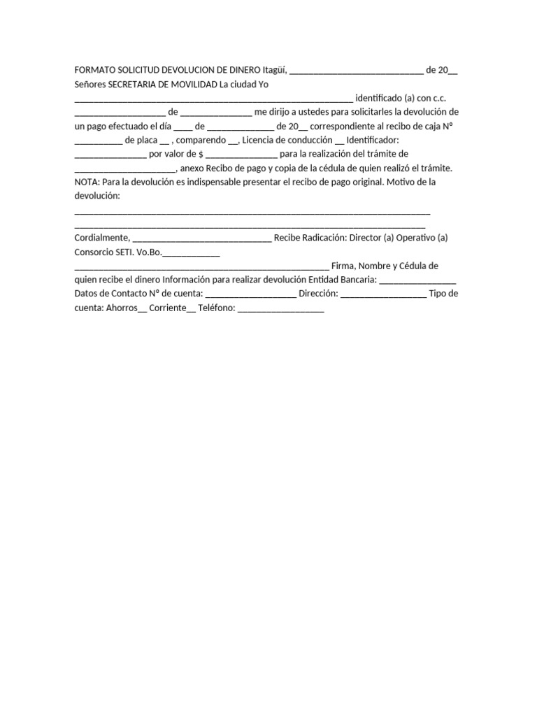 FORMATO SOLICITUD DEVOLUCION DE DINERO Itagüí | PDF
