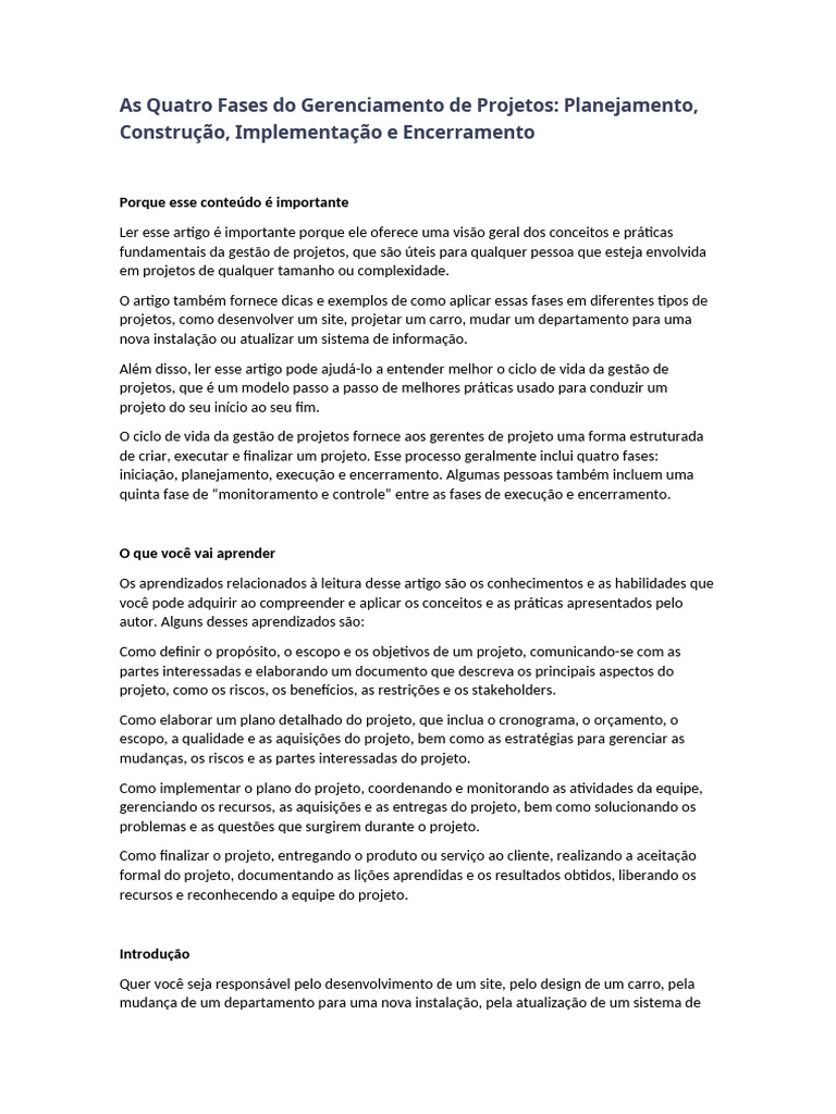As Quatro Fases Do Gerenciamento de Projetos | PDF | Tempo | Orçamento