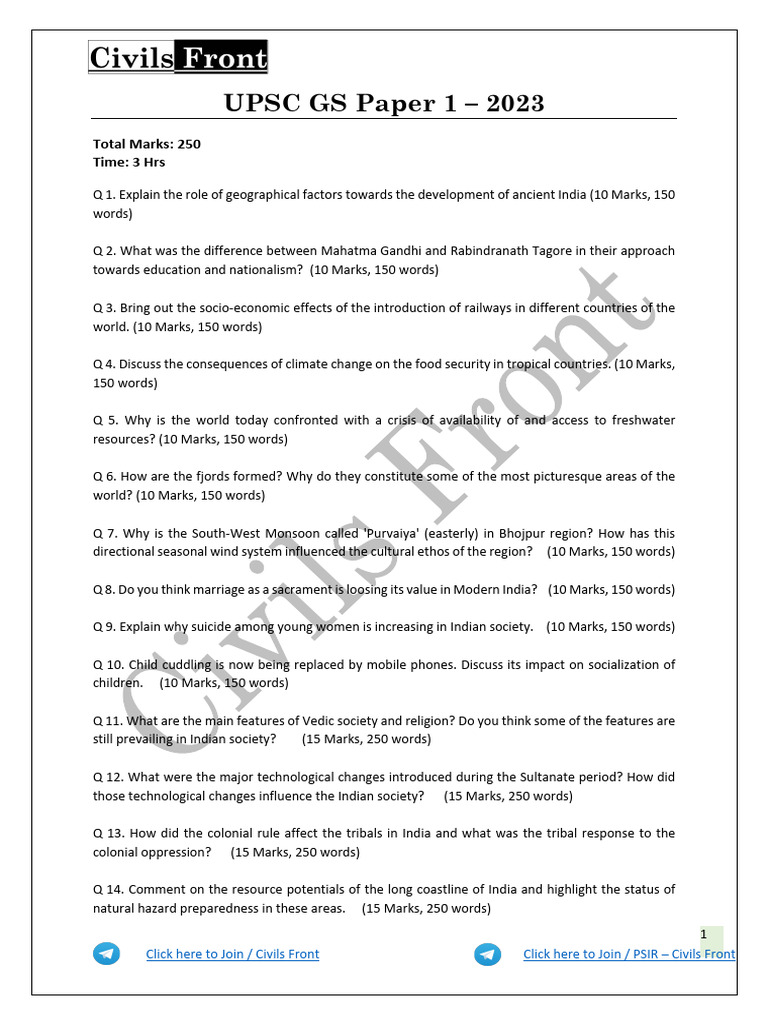 UPSC GS Paper 1 2023 - Question Paper | PDF
