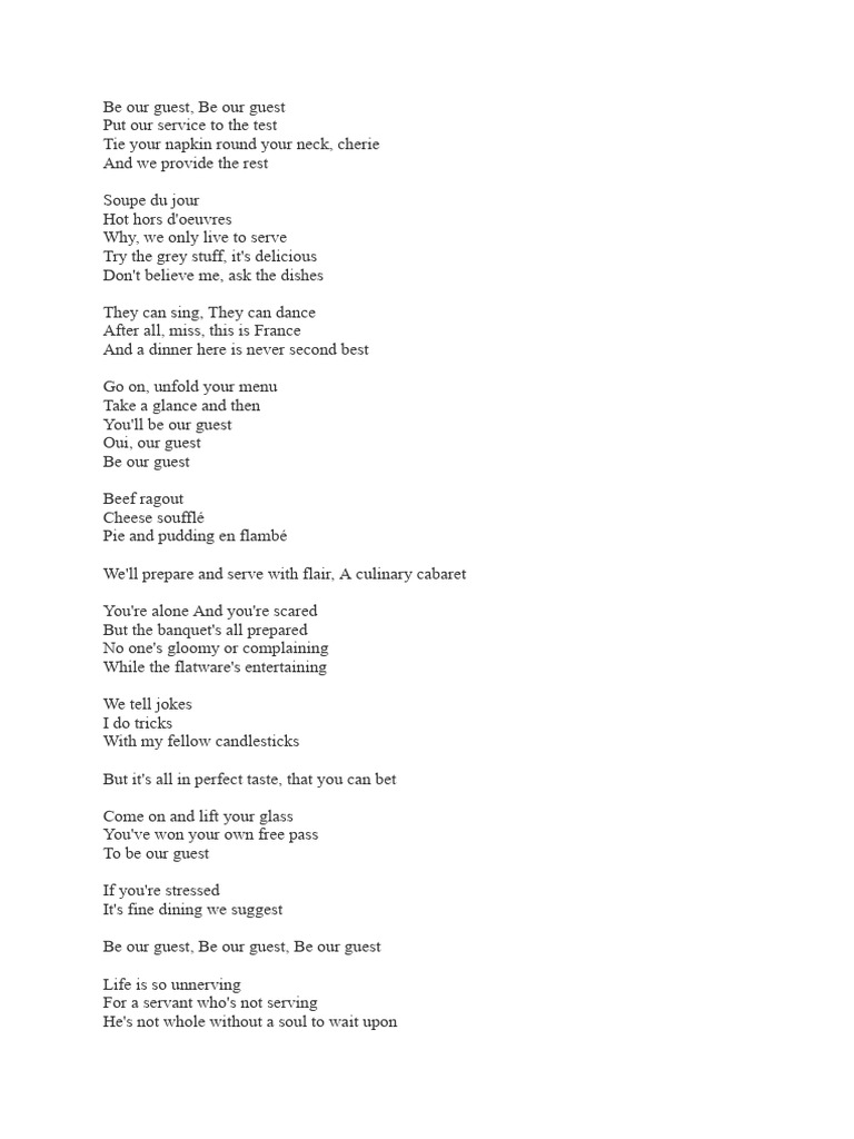 Printable Lyrics for "Be Our Guest" | PDF