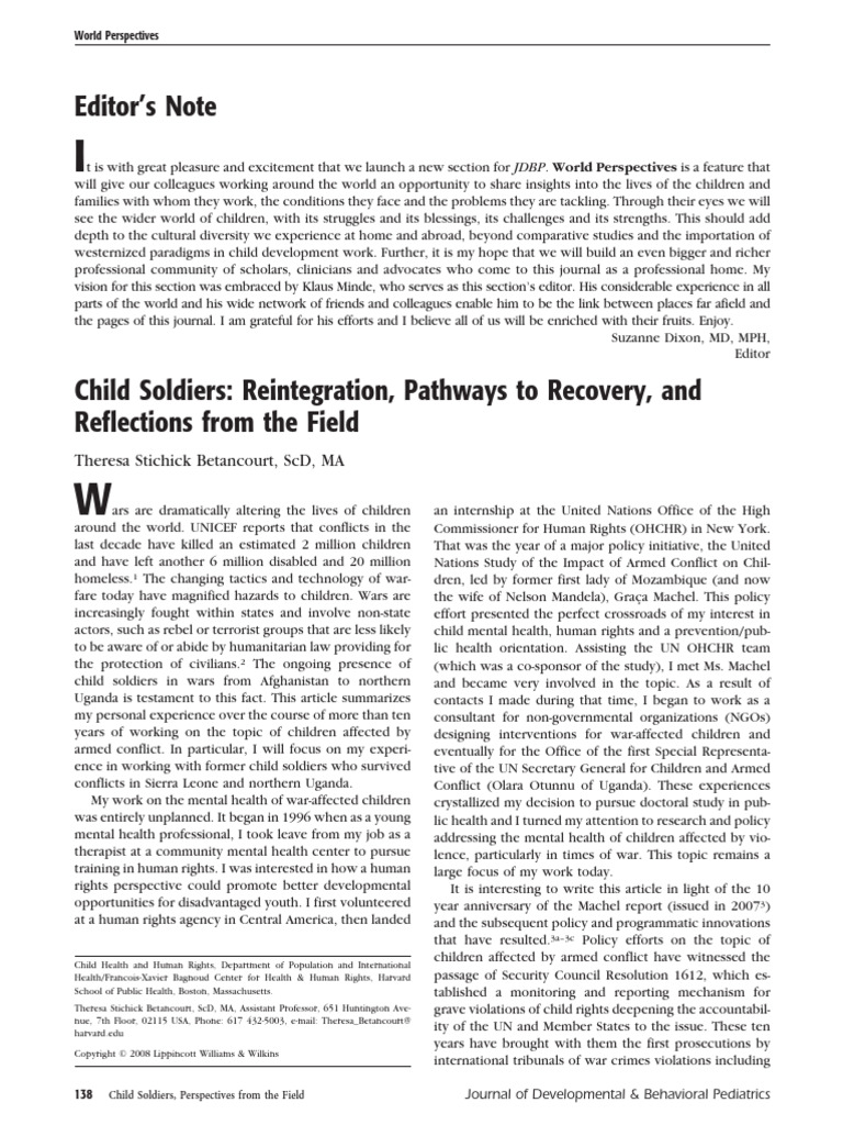 Child Soldiers Reintegration, Pathways To Recovery, and Reflections ...