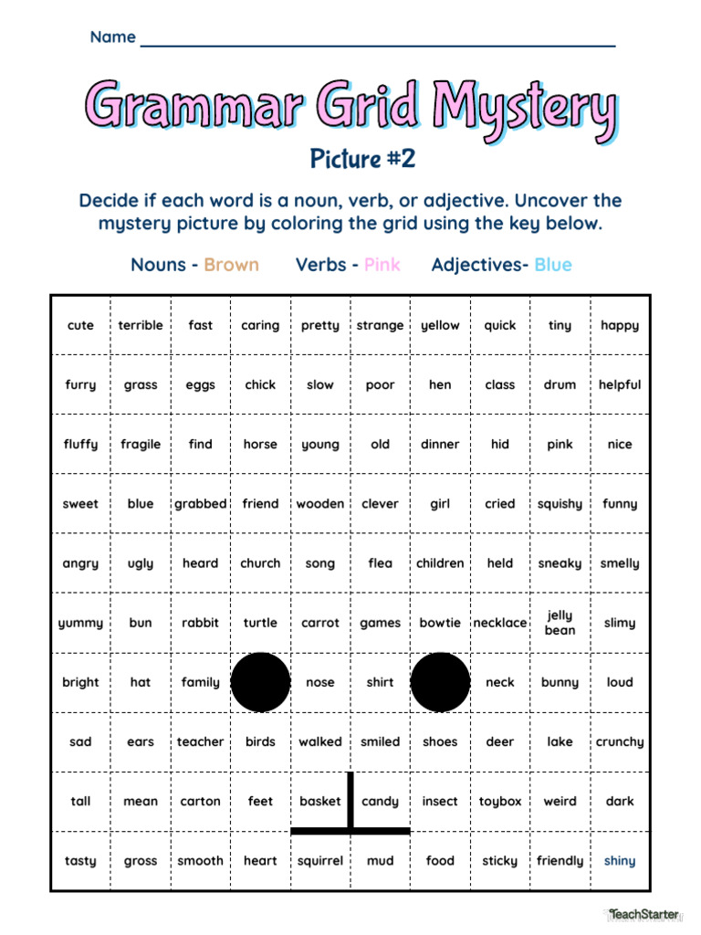 Grammar Grid Mystery Picture Worksheet Nouns Verbs Adjectives Bunny ...