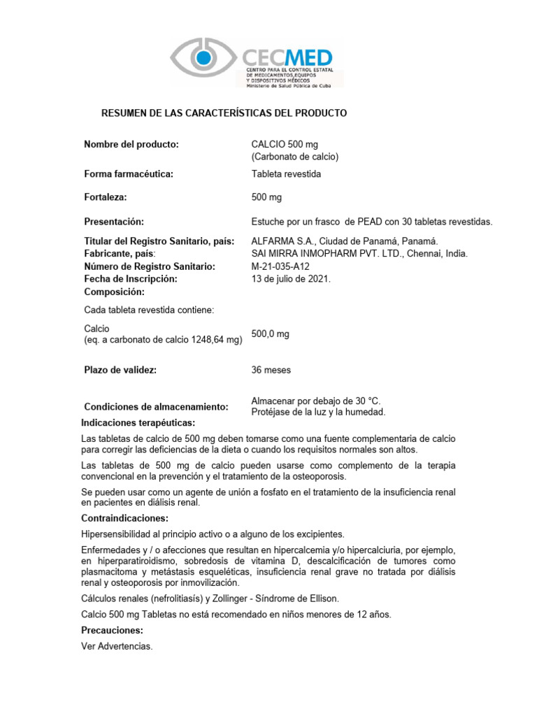 M21035A12 CALCIO Tab 500 | PDF | Calcio | Tableta (Farmacia)