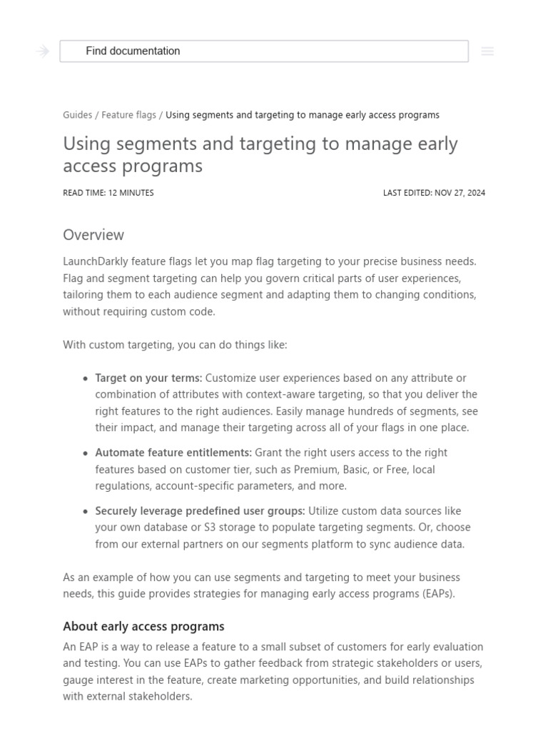 LaunchDarkly - Using Segments and Targeting To Manage Early Access Programs | PDF | Software ...