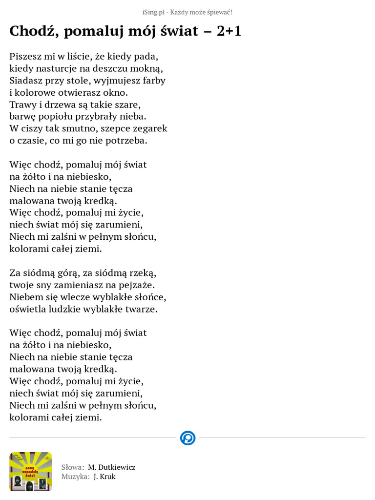 Tekst 2 Plus 1 Chodz Pomaluj Moj Swiat | PDF