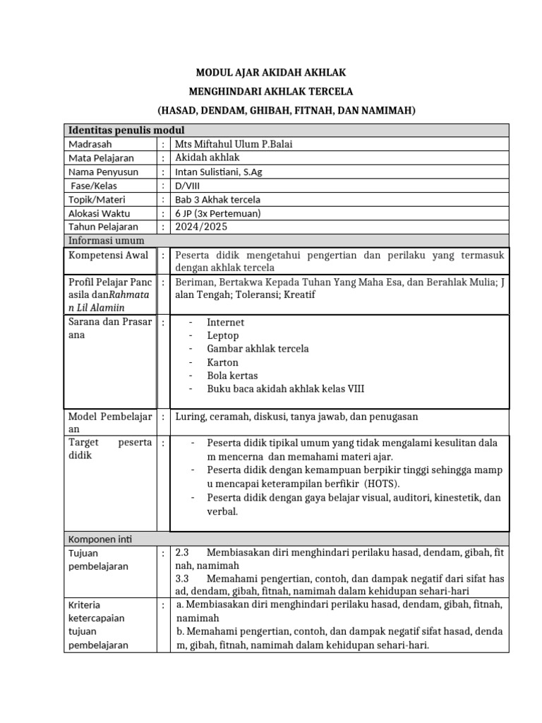 Modul Ajar Akidah Akhlak 8 | PDF