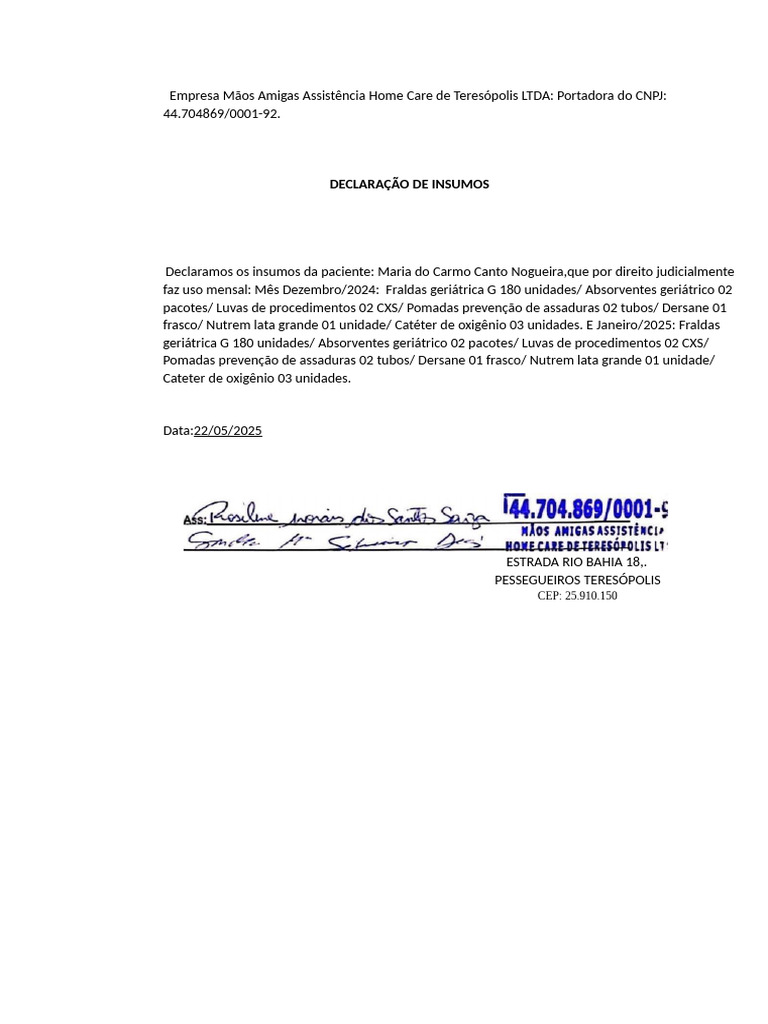 Insumos Home Care para Maria Nogueira | PDF