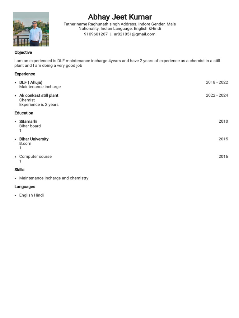 Maintenance Incharge & Chemist Resume | PDF