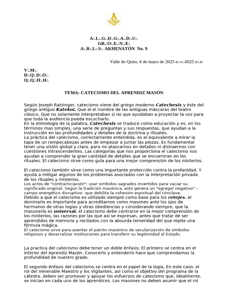 Catecismo del Aprendiz Masón: Guía Esencial | PDF | Masonería
