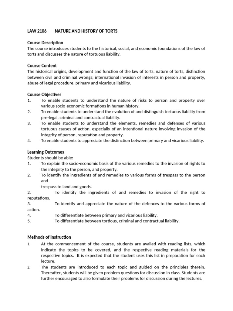 Law 2106nature and History of Torts | PDF | Tort | Civil Law (Legal System)