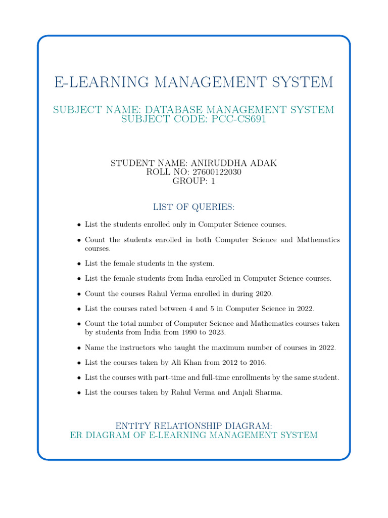 E-LEARNING MANAGEMENT SYSTEM For DBMS LAB Project - ANIRUDDHA ADAK | PDF | Relational Database ...