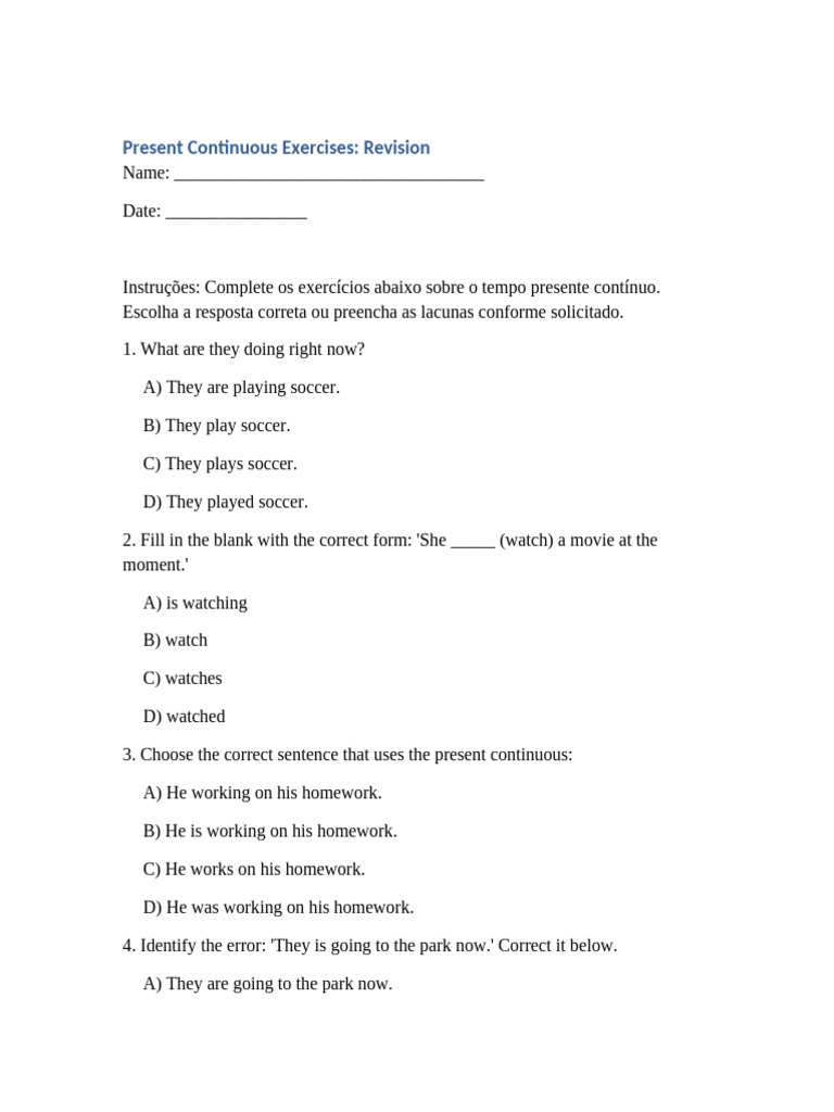 Present Continuous Revision Exercises | PDF
