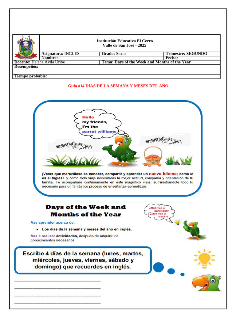 Dias de La Semana. - Meses Del Año | PDF