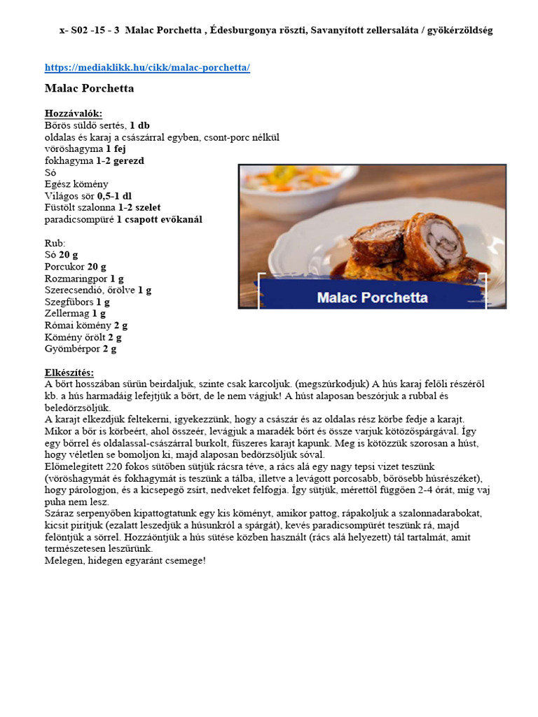 Malac Porchetzta Edesburgonya Zellersalata | PDF