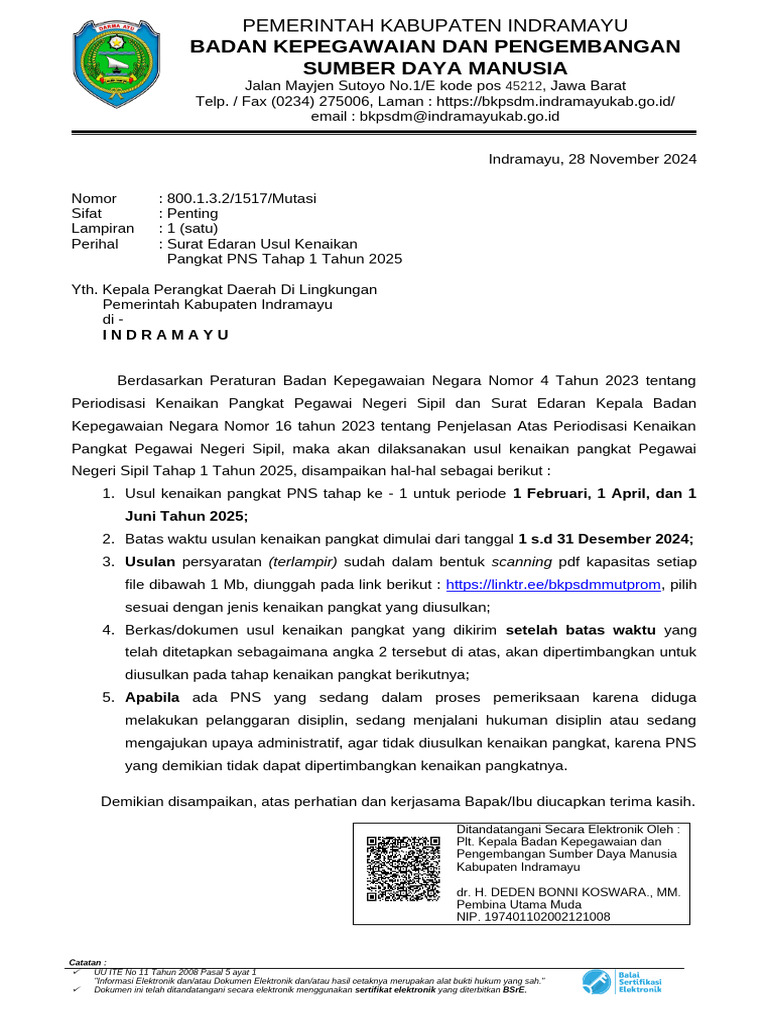 Surat Edaran Kenaikan Pangkat PNS Tahap 1 Tahun 2025 | PDF