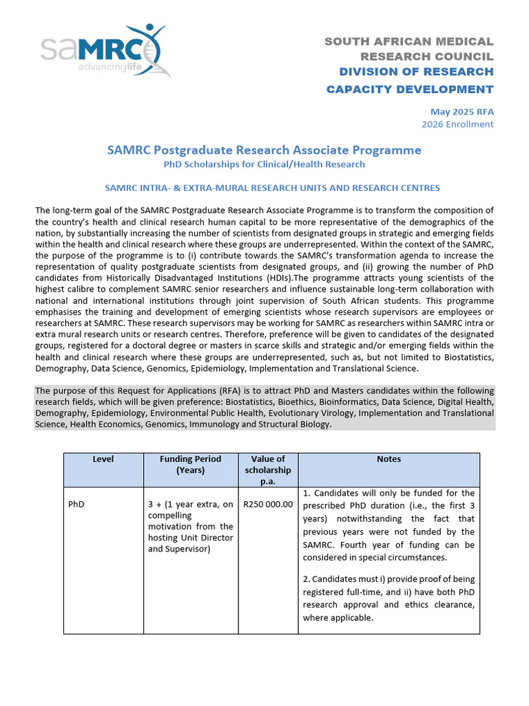 SAMRC Postgraduate Research Associate Programme RFA Document 2025-26 ...