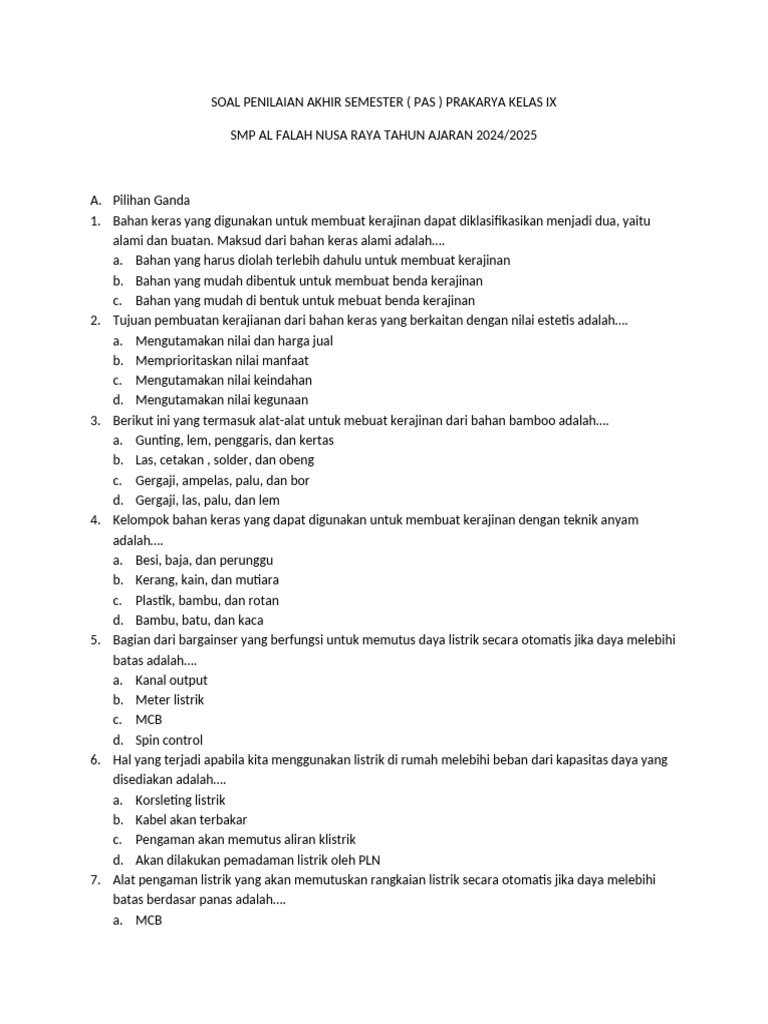 Soal Penilaian Akhir Semester Prakarya Kelas Ix Tahun Ajaran 2024-2025 2 | PDF